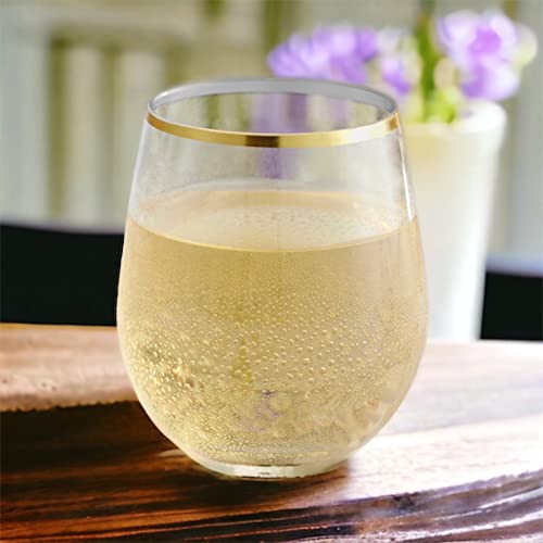 48 piece Stemless Unbreakable Crystal Clear Plastic Wine Glasses Set of 48 (10 Ounce - Gold Rim)