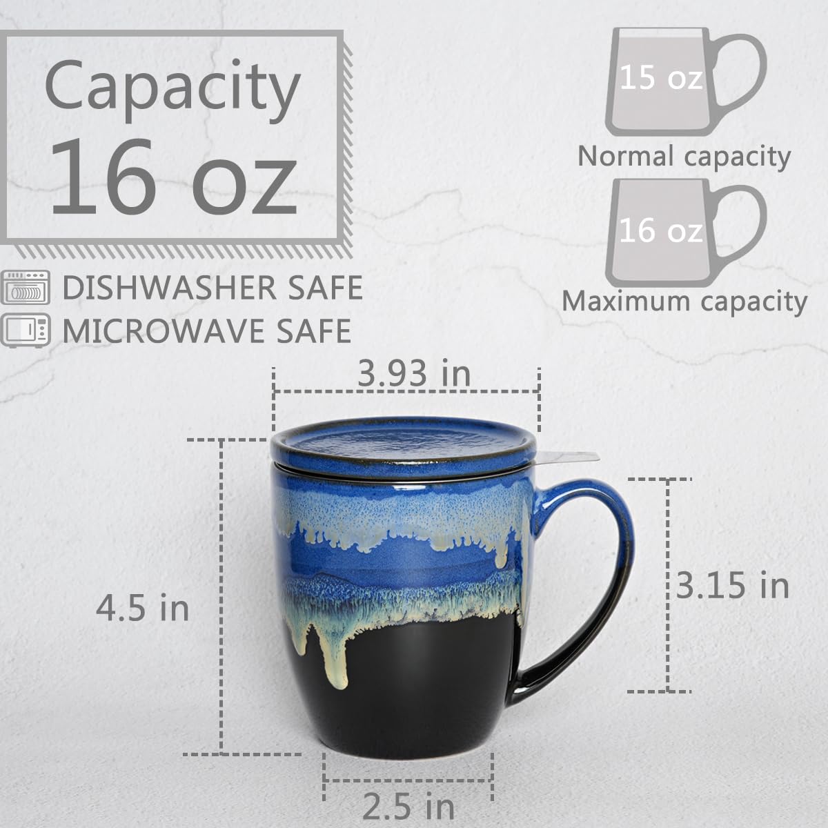 Bosmarlin Ceramic Tea Cup with Infuser and Lid, 16 Oz, 4 Color to Choose Dishwasher and Microwave Safe, Steeping Tea Mug with Strainer (Blue)
