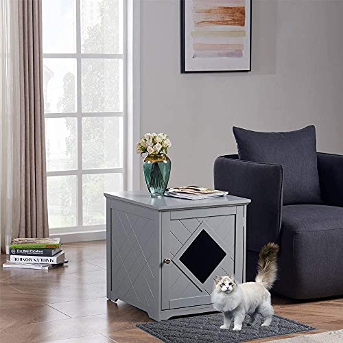 unipaws Cat Litter Box Enclosure with Mat, Privacy Cat Washroom, Litter Box Hidden, Pet Crate with Sturdy Wooden Structure, Cat House Nightstand