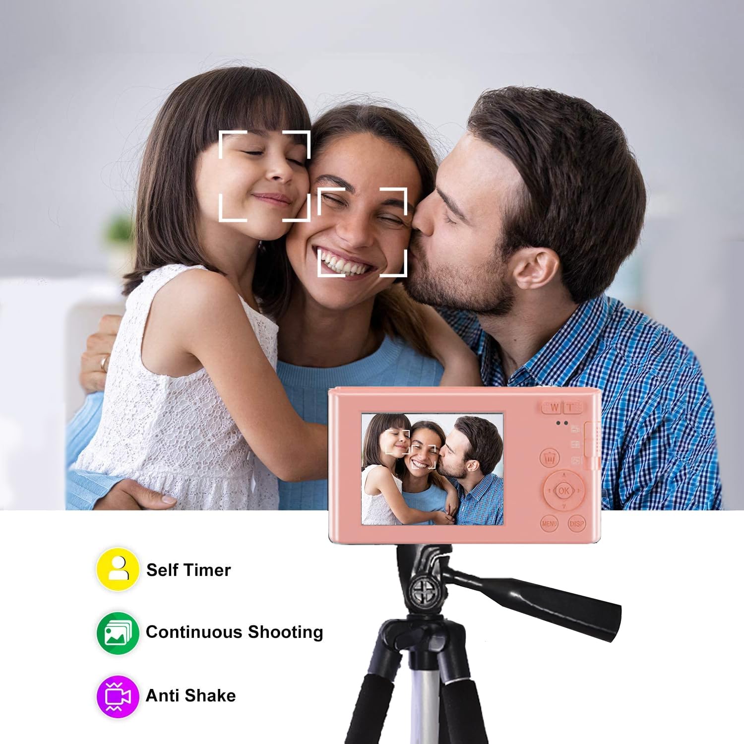 Acuvar 44MP Compact Point & Shoot Digital Camera, 16X Digital Zoom, 2.4 Inch Screen & 32GB SD Card, Card Reader, 6" Tripod & 6PC Card Holder Vlogging Camera for Kids Teens Students Boys Girl (Pink)
