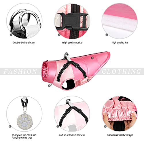 Beirui Waterproof Dog Winter Coat with Harness - Warm Zip Up Puffer Vest Dog Jacket with Dual D Rings - Reflective Cold Weather Dog Clothes for Puppy Small Medium Dogs,Pink(Chest 18β)
