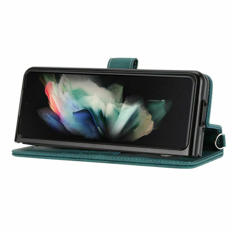 EAXER for Samsung Galaxy Z Fold 3 5G Wallet Case, with Crossbody Strap Premium PU Leather Folio Flip Card Slot Kickstand Protective Case Cover (Green)
