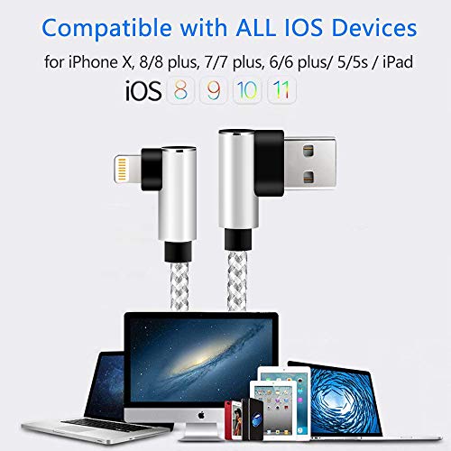 Lightning Cable, 3 Pack 10FT Right Angle Aluminum Alloy Durable and Fast Charging Cable Compatible with iPhone Charger 12/11/Pro/ XS/XS Max/XR/X/ 8/8 Plus/7 Plus/7/6 Plus/6/5S/5/Pad (Silver, 10ft)