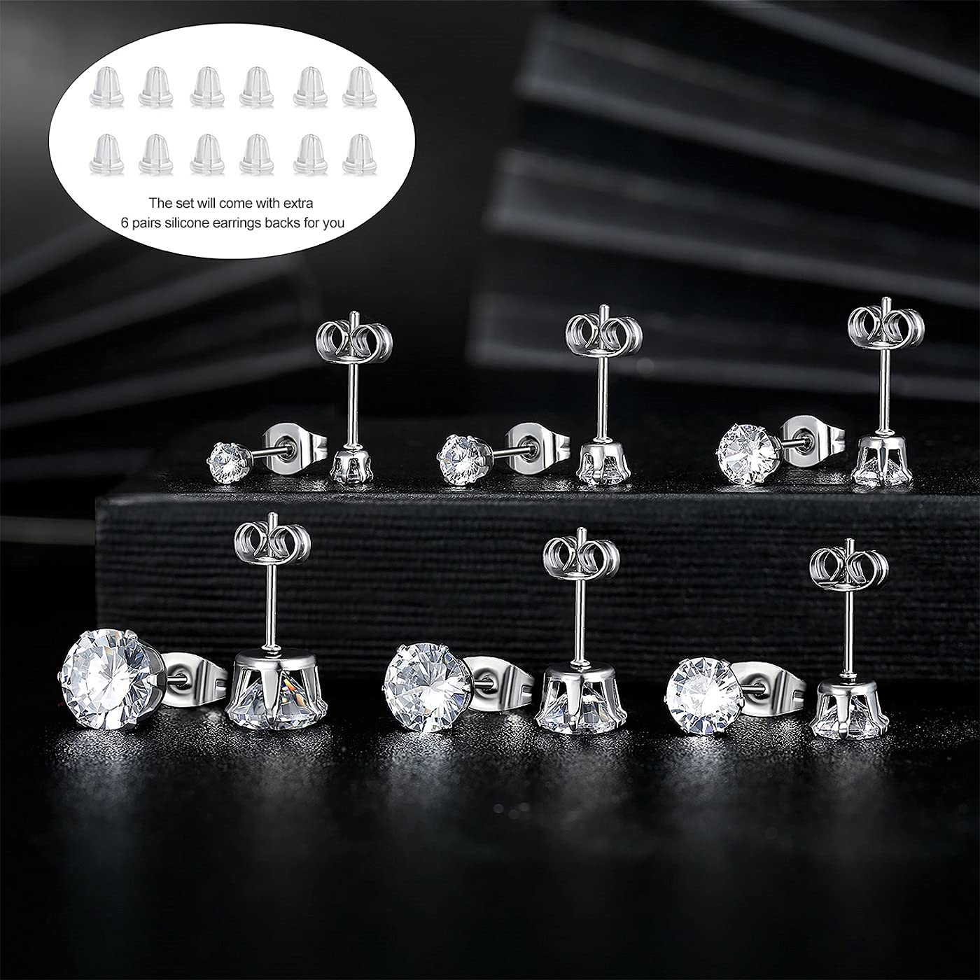 6 Pairs Stainless Steel Stud Earrings Set,Stainless Steel Hypoallergenic Cubic Zirconia Earring Stud earrings Set(6 Pairs)