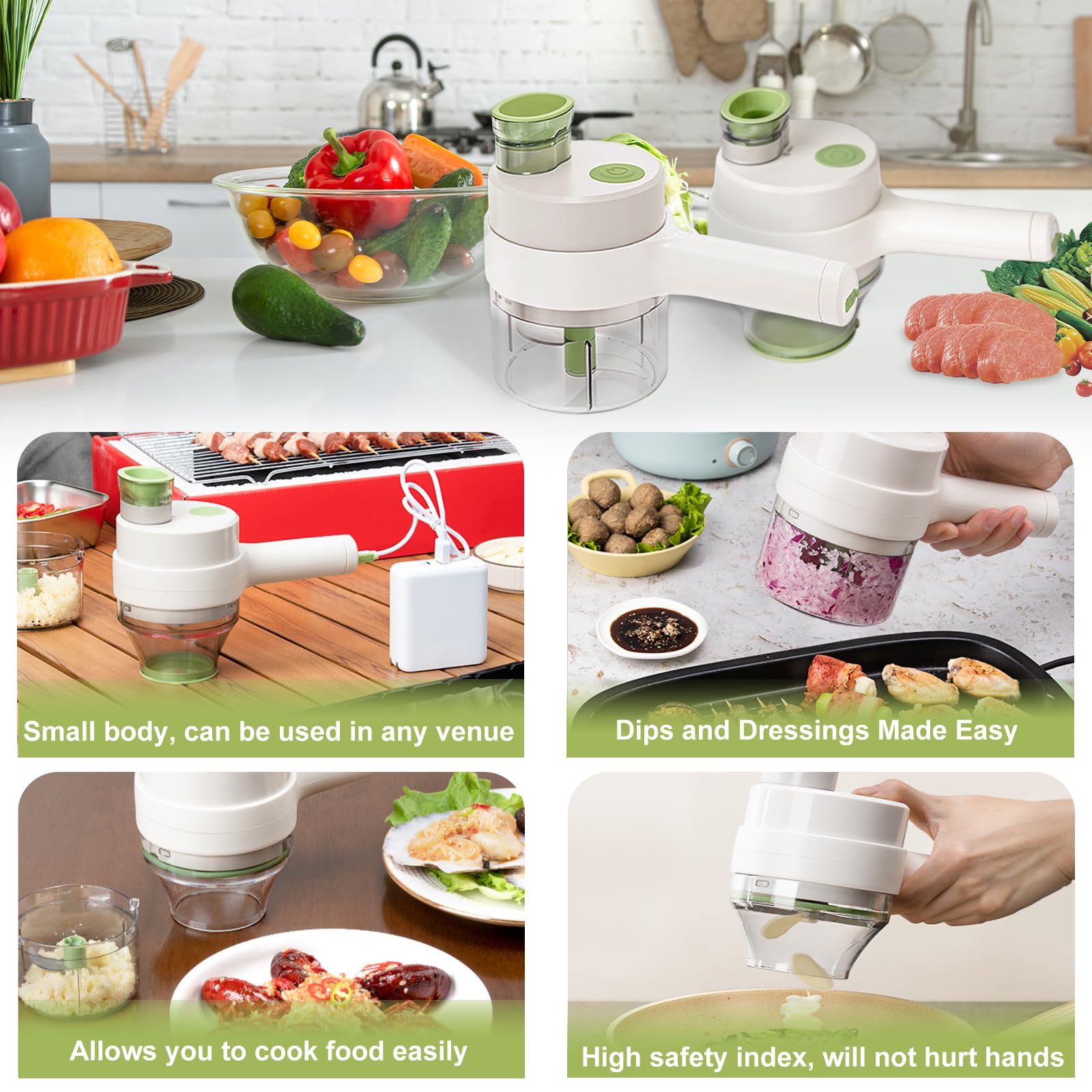 4 in1 Handheld Electric Vegetable Cutter Slicer Garlic Mud Masher USB Wireless Chopper Cutting Pressing Mixer Food Slice for Garlic Pepper Chili Onion Celery Ginger Meat (White)