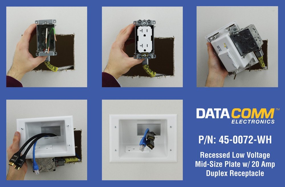 DATA COMM Electronics 45-0072-WH Commercial Grade Recessed AV/HDMI Cable Conceal Plate with 20 Amp Dual Power Receptacle