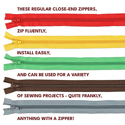 Madam Sew 44pcs 8 Inch Zippers for Sewing Garments β Bulk Zippers with Plastic Coil Teeth, Heavy Duty Metal Zipper Pulls and Nylon Tapes β Colorful Closed End, Non-Separating Zippers in 22 Colors
