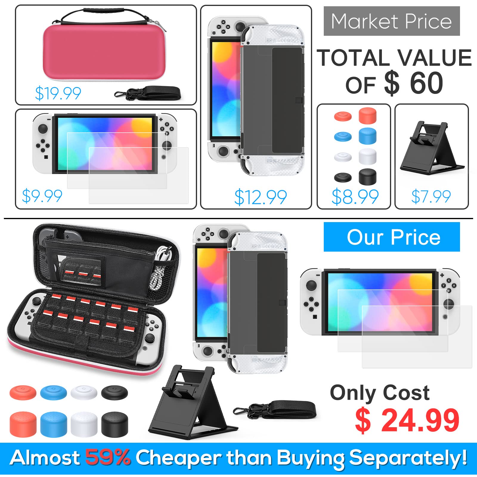 Accessories Bundle for Nintendo Switch OLED Model,Carrying Case with Card Slots,PC Protector Case for Console,TPU Cover for Joy Con,Tempered Glass Screen,Joystick Cap,Console Playstand for OLED (Pink)