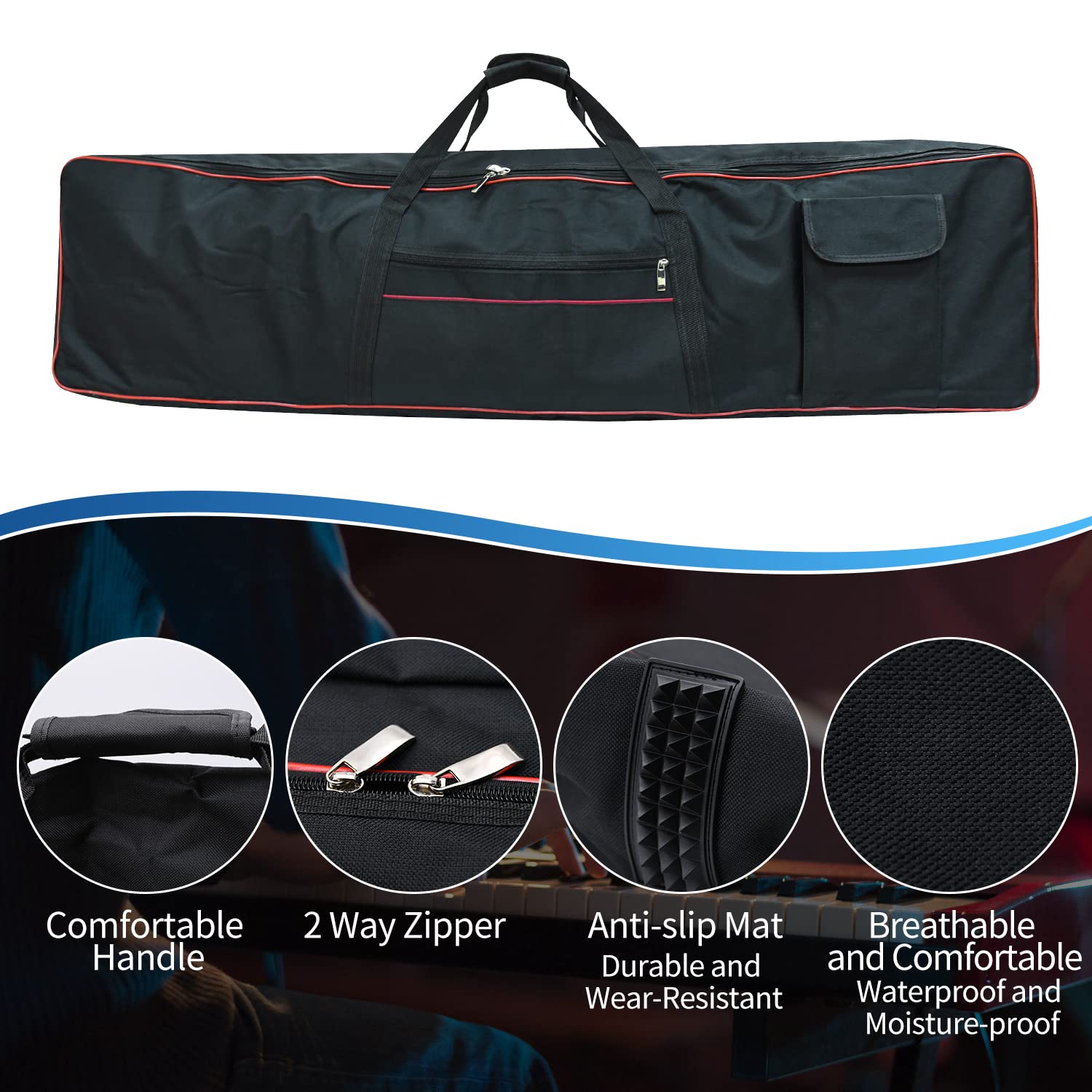61 Key/88 Key Keyboard Case, Keyboard Gig Bag with Handles and Adjustable Shoulder Straps, Keyboard Gig Bag with 2 Pocket for Mobile Phone Sustain Pedals, Cables (88 Keys, 53.5"×13“×6.7”)