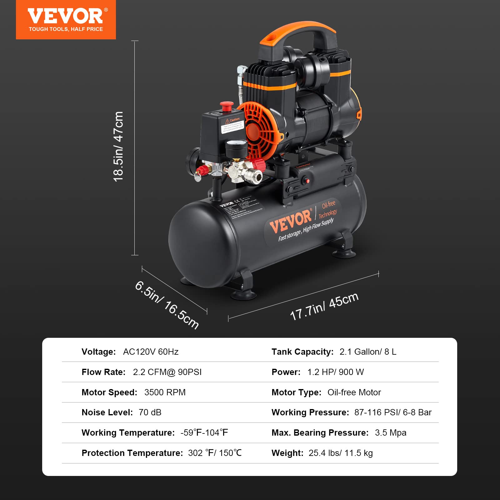 VEVOR 2.1 Gallon Air Compressor, 1.2HP 2.2 CFM@90PSI Oil Free Air Compressor Tank & Max. 116PSI Pressure, 70 dB Ultra Quiet Compressor for Auto Repair, Tire Inflation, Spray Painting, Woodwork Nailing