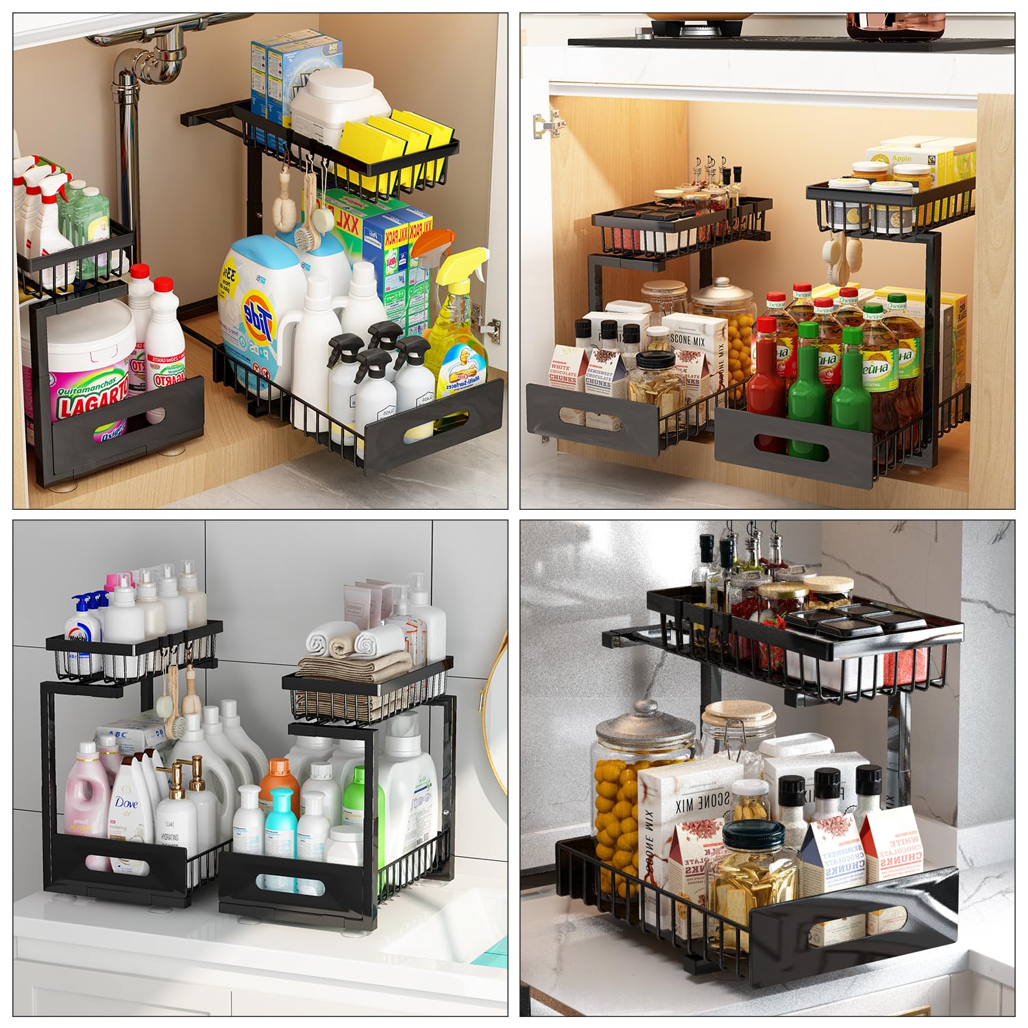 ADBIU Under Sink Organizer(10 Seconds Installation), 2 Packs 2 Tier Expandable Height (11" - 16") Under-Sink Organizers Slide out Pull out Bathroom Kitchen Organizers And Storage