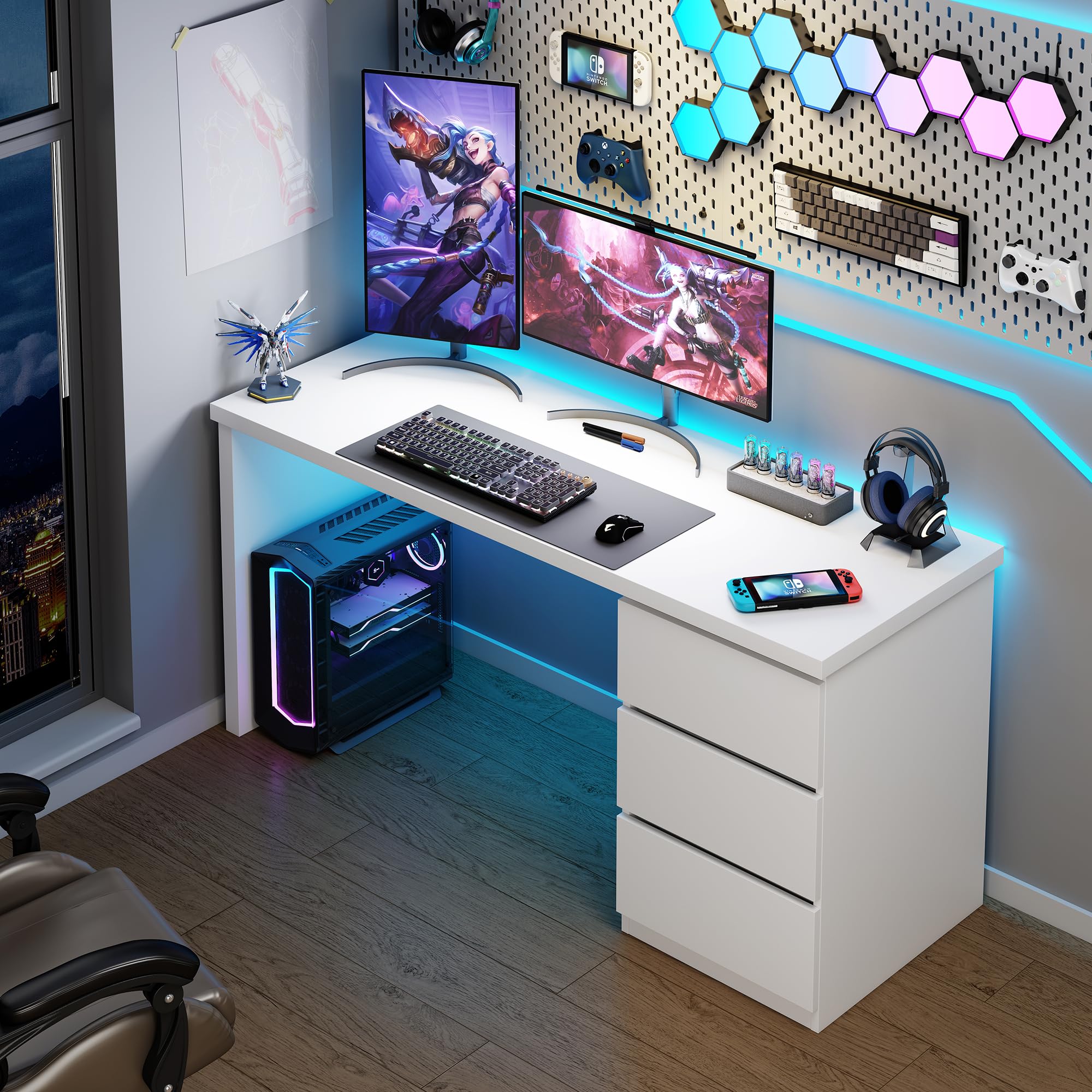 furtble White Desk with Drawers, 53'' W Home Office Computer Desk Gaming Table, Modern Vanity Desk with Storage, Wood Writing Workstation for Bedroom, Living Room