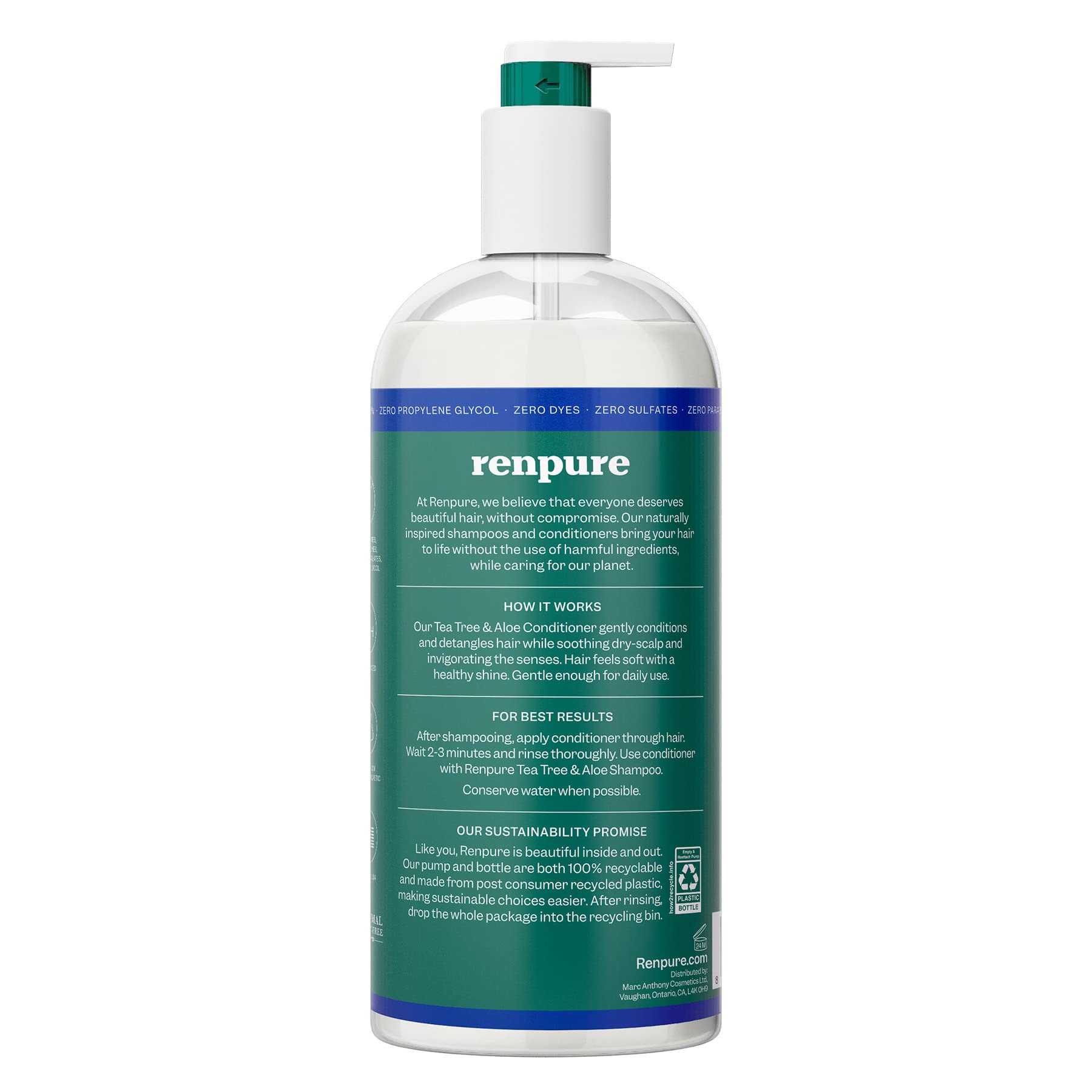 Renpure Tea Tree and Aloe Refreshing Conditioner - Soothes Dry Scalp - Leaves Hair Soft and Hydrated - Gentle Formula - Suitable for Daily Use - Dye Free - Recyclable, Pump Bottle Design - 32 fl oz