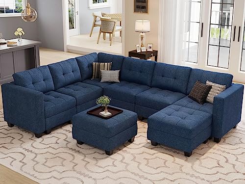 Belffin Modular Sectional Sofa Set with Ottomans Oversized U Shaped Sofa Set with Storage Seat Modular Sofa Couch with Reversible Chaises Modern Fabric Blue