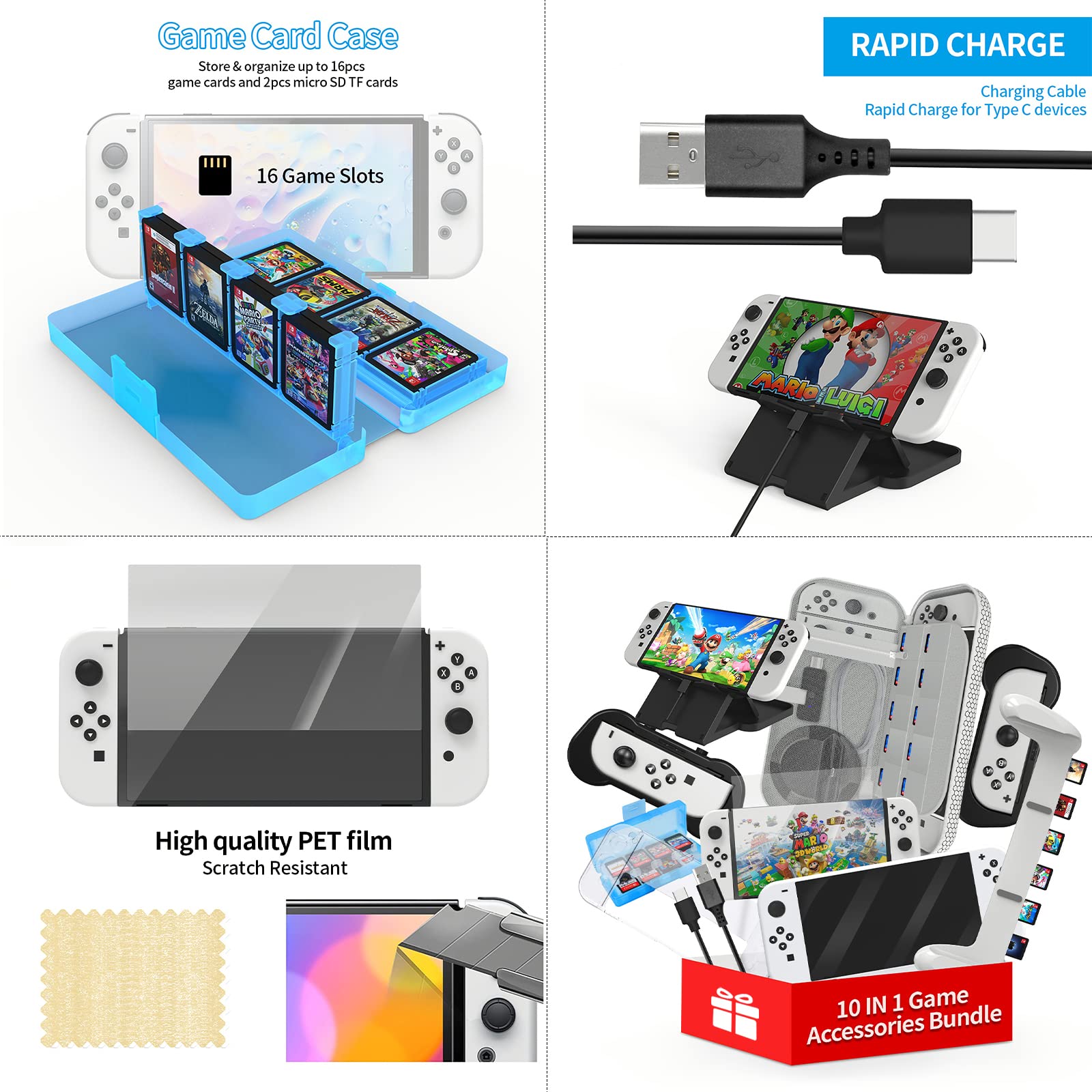 Accessories Bundle for Nintendo Switch OLED Model(2021), Super Kit with Carrying Case,Adjustable Console Playstand ,Handle Grips, Grips for Joycons,Clear Cover Protector and more(10 in 1)