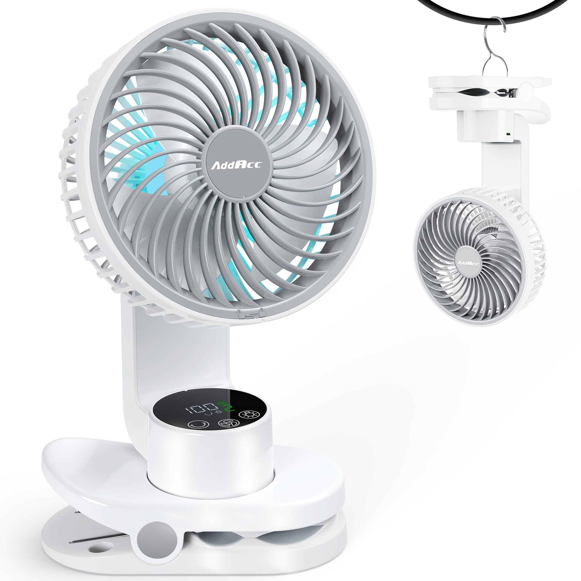 AddAcc Small Desk Fan, Rechargeable Clip On Fan with Atmosphere Light & Hook, Battery Operated Table Fan, Ultra Quiet, 9 Speed Auto Oscillation Desktop Fan for Bedroom Office Home Travel Camping