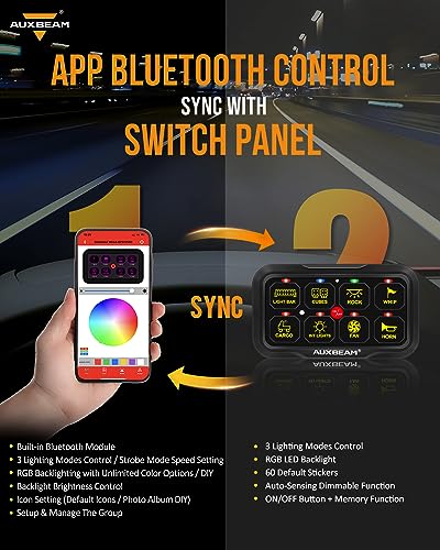 Auxbeam RGB Bluetooth 8 Gang Switch Panel AR-820 Toggle Momentary Pulsed Switch Pod for Truck UTV Offroad Boat with 47 inch Extension Wiring Harness