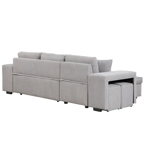 P PURLOVE Sectional Sofa with Pull-Out Sleeper Sofa Bed, Reversible Sectional Sofa with Storage Chaise and 2 Stools, L Shaped Couch Set for Living Room Apartment, Gray
