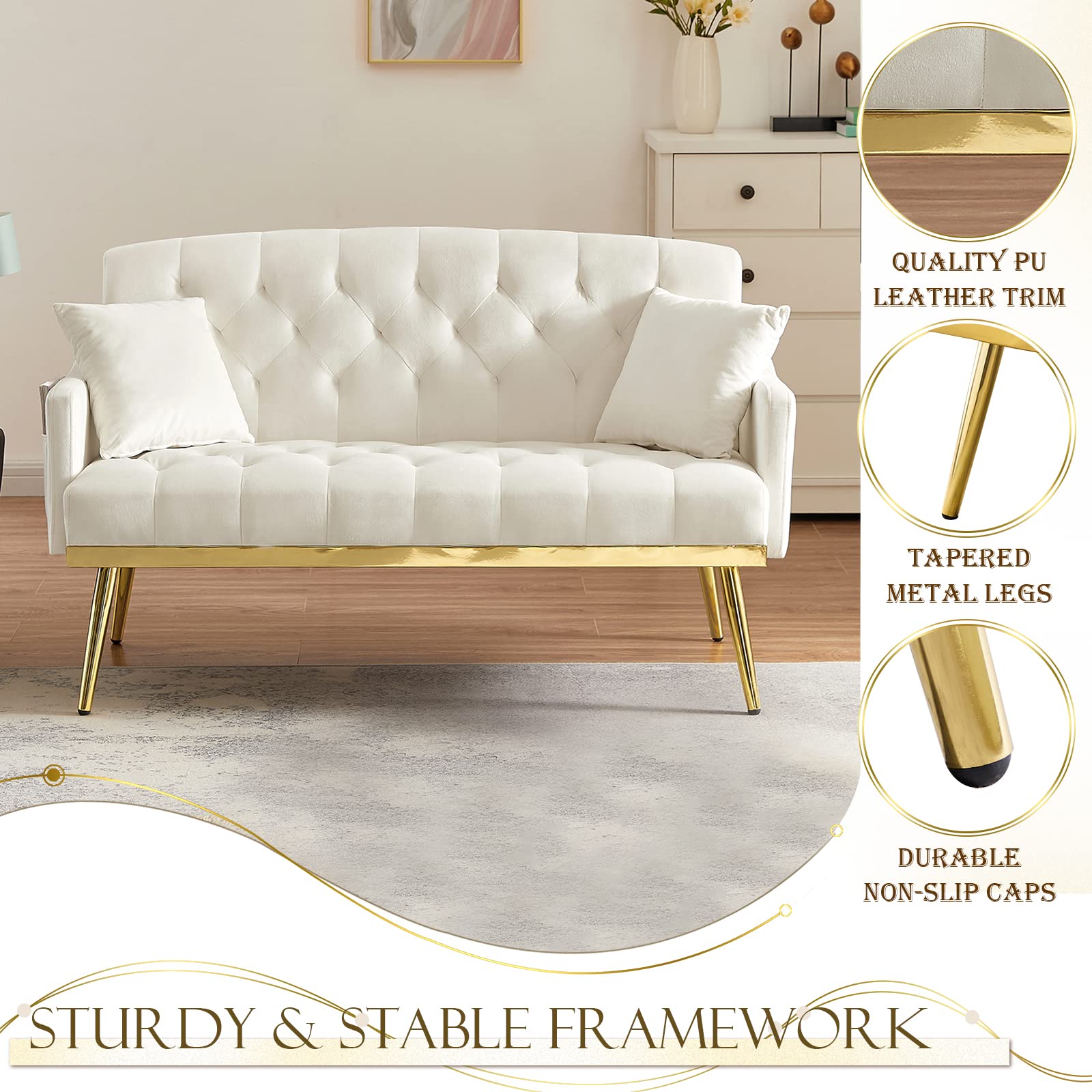 Antetek Upholstered Velvet Loveseat Sofa, Modern Small Sofa Couch with Side Pocket and Golden Metal Legs, Tufted Leisure Sofa for Living Room, Bedroom, Office, Small Space, Light Beige