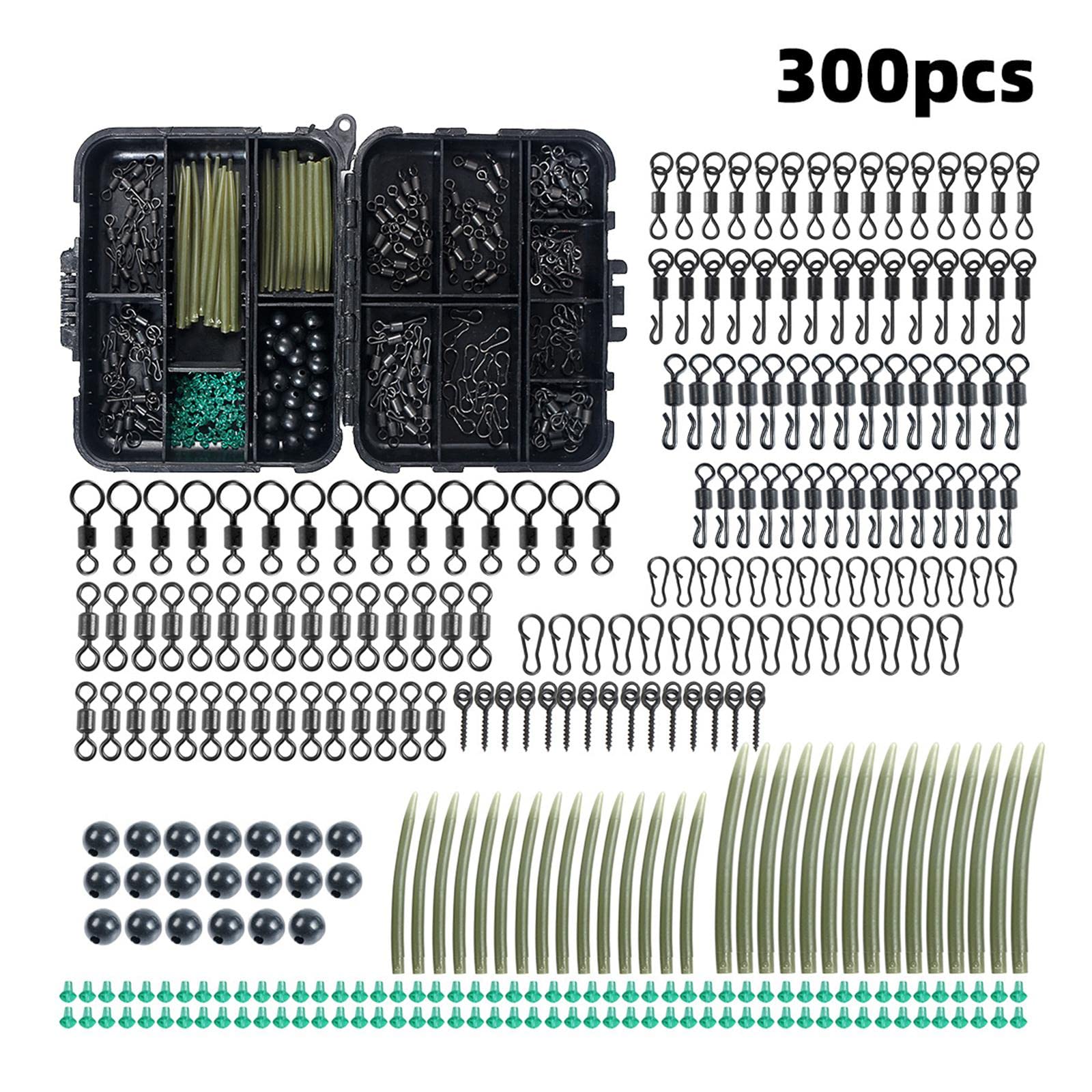 300pcs Carp Fishing Tackles Set, Assorted Rolling Swivels, Rigs Swivel Clips Hooks, Sleeves Stoppers, Stop Beads Accessories with Storage Case