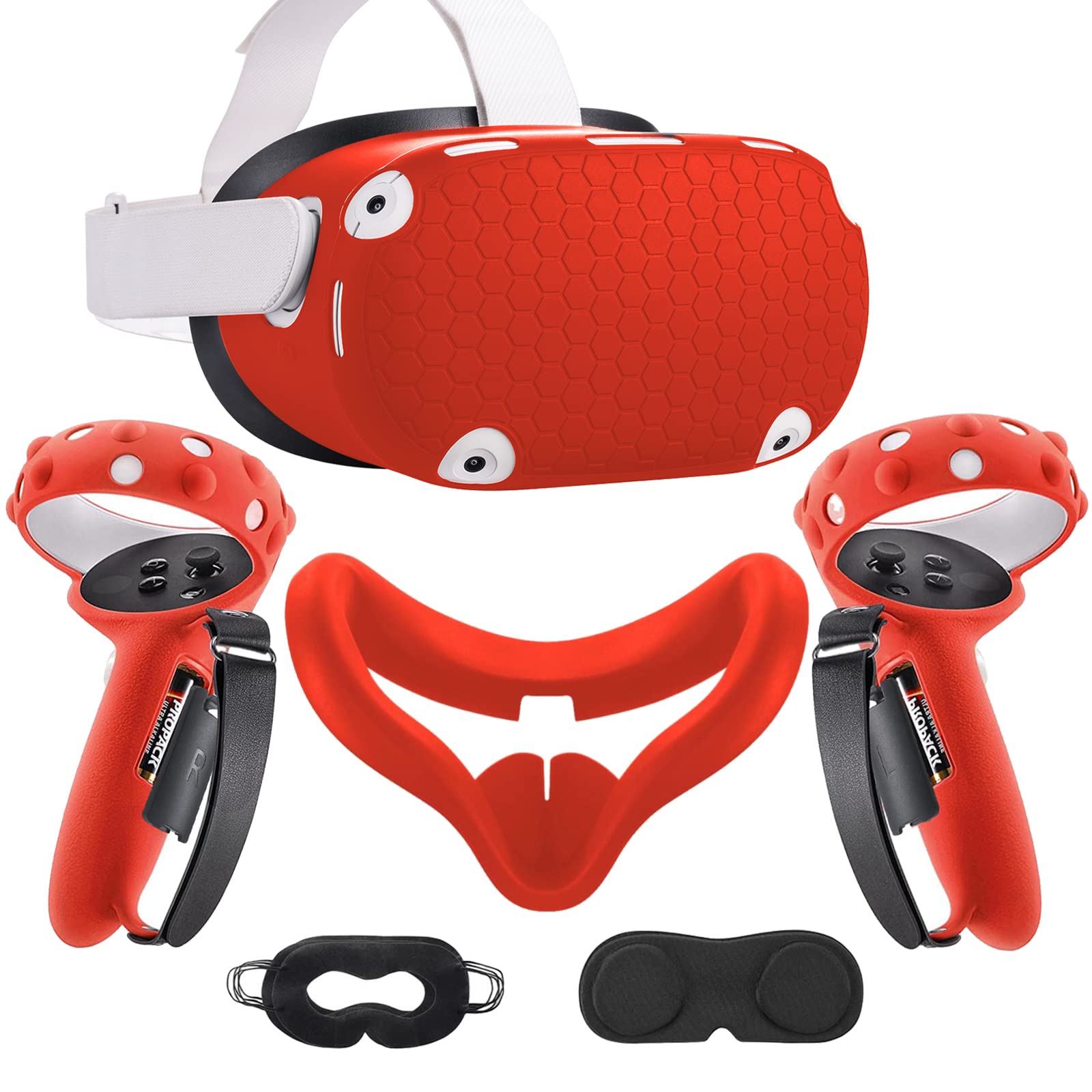 Accessories for Meta/Oculus Quest 2, Anti-Throw Hand Strap Extended Controller Grips Cover Face Headset Protective Lens Shell VR Silicone Cover Set (Red)