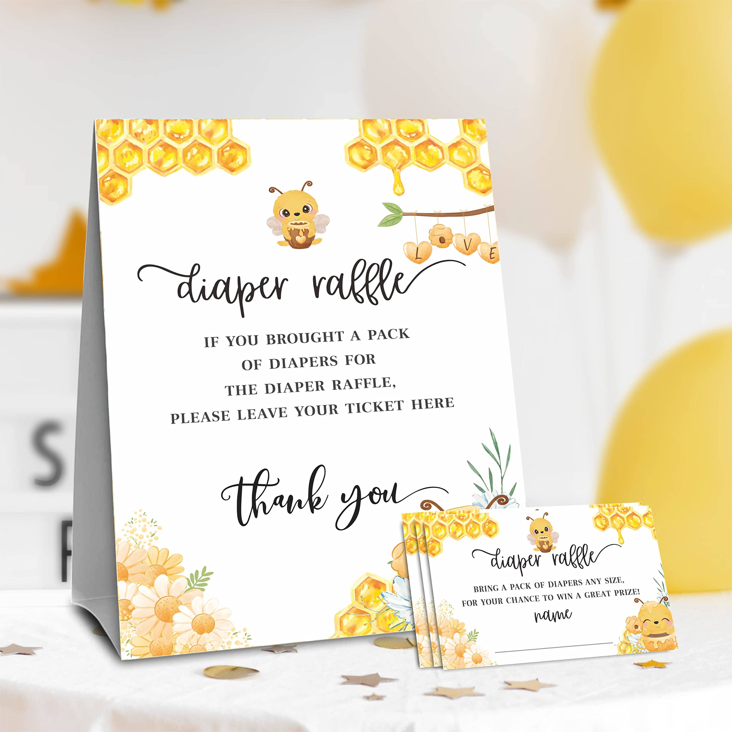 A Sweet As Can Bee Baby Shower Game Cards, 50 Diaper Raffle Tickets and 1 Self-standing Diaper Raffer Sign-(LBLK-002)