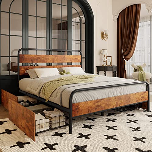 Aiho Queen Bed Frame with Storage, Metal Platform Bed Frame, Steel Slat Support, Sturdy and Stable, No Box Springs Needed, Noise Free, Vintage Brown