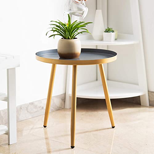 AOJEZOR Round End Table Ideal for Any Room, Metal Structure Side Tables Great For Living Room, Bedroom, Indoor, Outdoor, Matte Gray Tray with 3 Gold Legs Accent