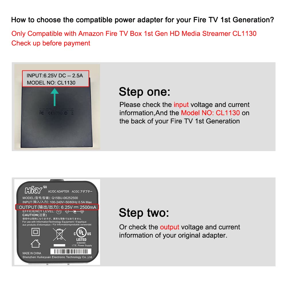 HKY 6.25V 16W AC DC Adapter Compatible with Fire TV CL1130,Digital HD Streaming Media Player Fire TV Box 1st Generation Power Supply Switching Charger Plug Cord