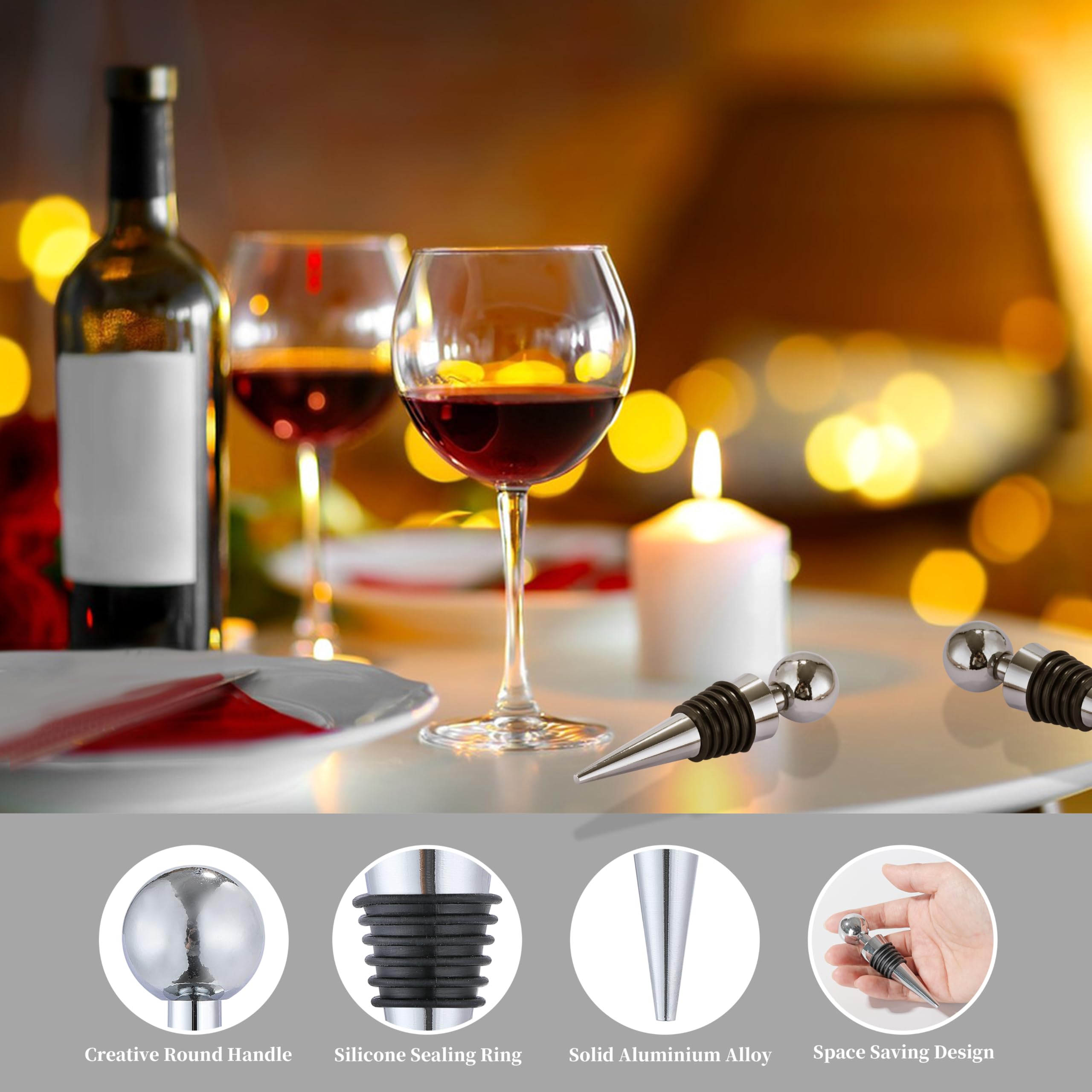 4PCS Wine Stopper, HIA Reusable Leak Proof Wine Stoppers, Premium Materials (Aluminium Alloy + Silicone) Wine Bottle Stopper, Wine Corks for Bar, Camping, Party, Wedding