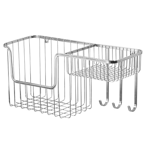 mDesign Metal Wire Wall Mount Entryway Storage Organizer Mail Basket Holder with 3 Hooks, 2 Compartments - for Organizing Letters, Magazines, Keys, Coats, Leashes - Chrome
