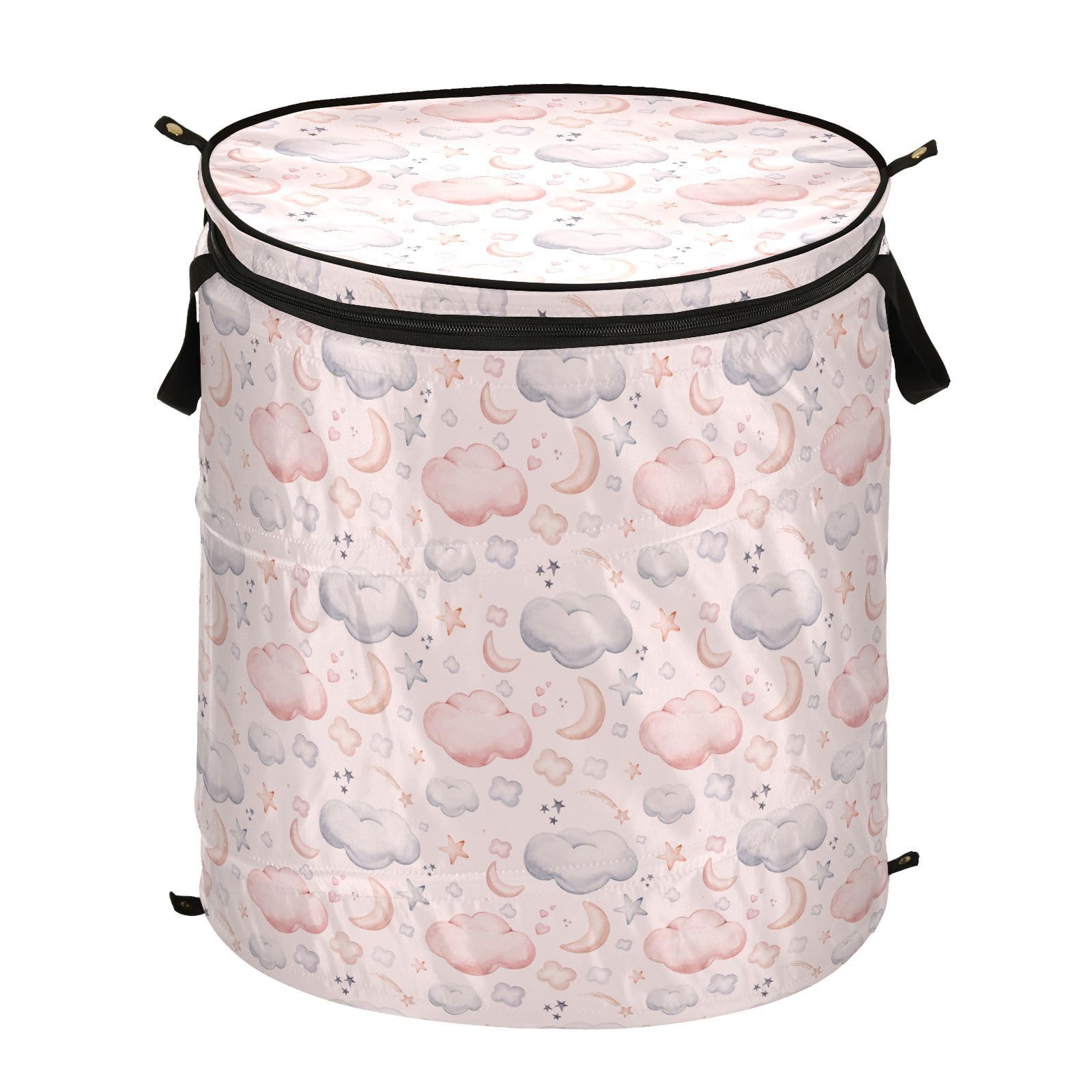 Blue Clouds Gold Stars and Moons Laundry Hamper Cubby Home 62 Qt Collapsible Round