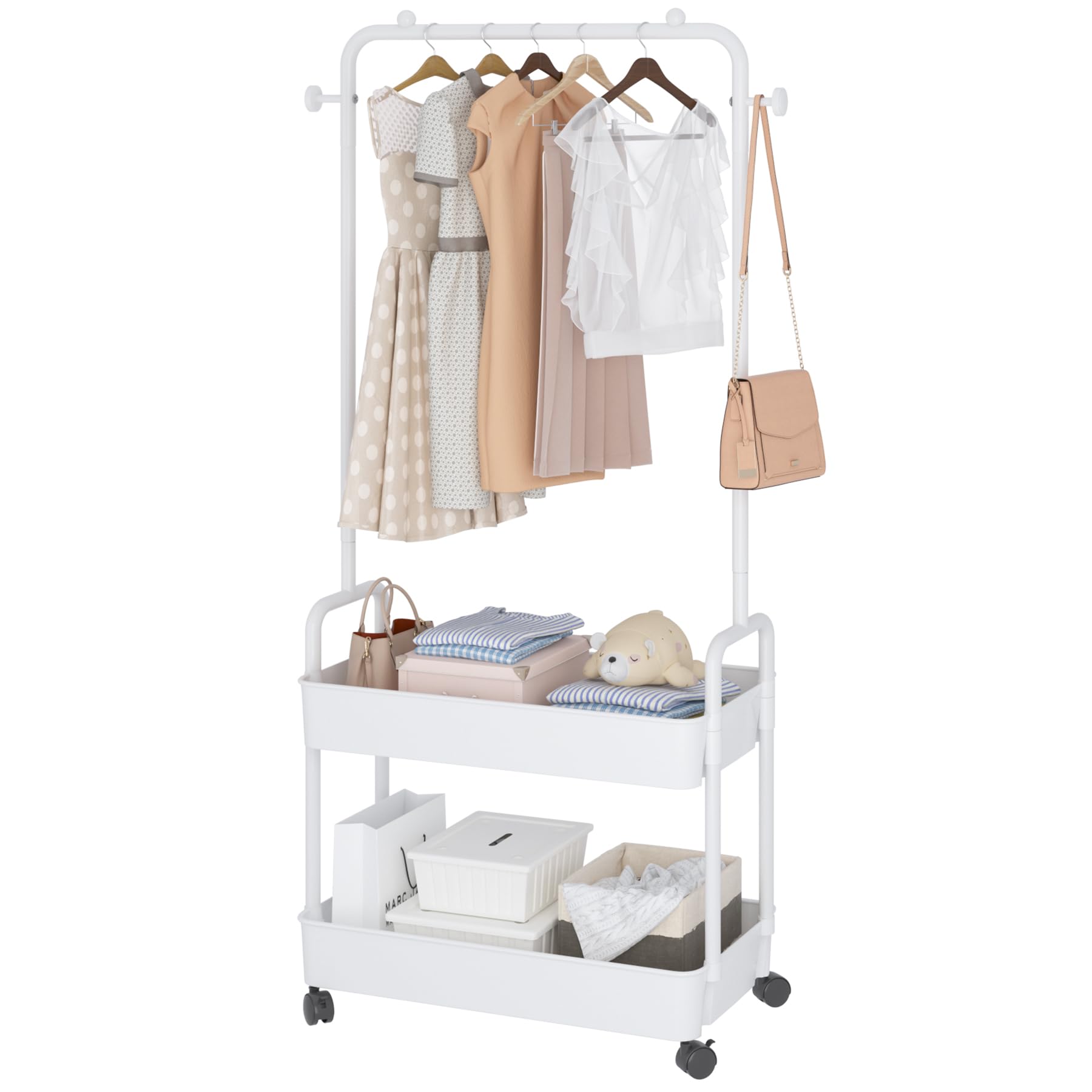 ACCSTORE Metal Clothing Racks, Freestanding Trolley Coat Rack With Wheels,Garment Rack For Storage,Clothes Rack,Heavy Duty Clothing Rack,Garment Racks With 2 Tier Plastics Storage Shelf,White