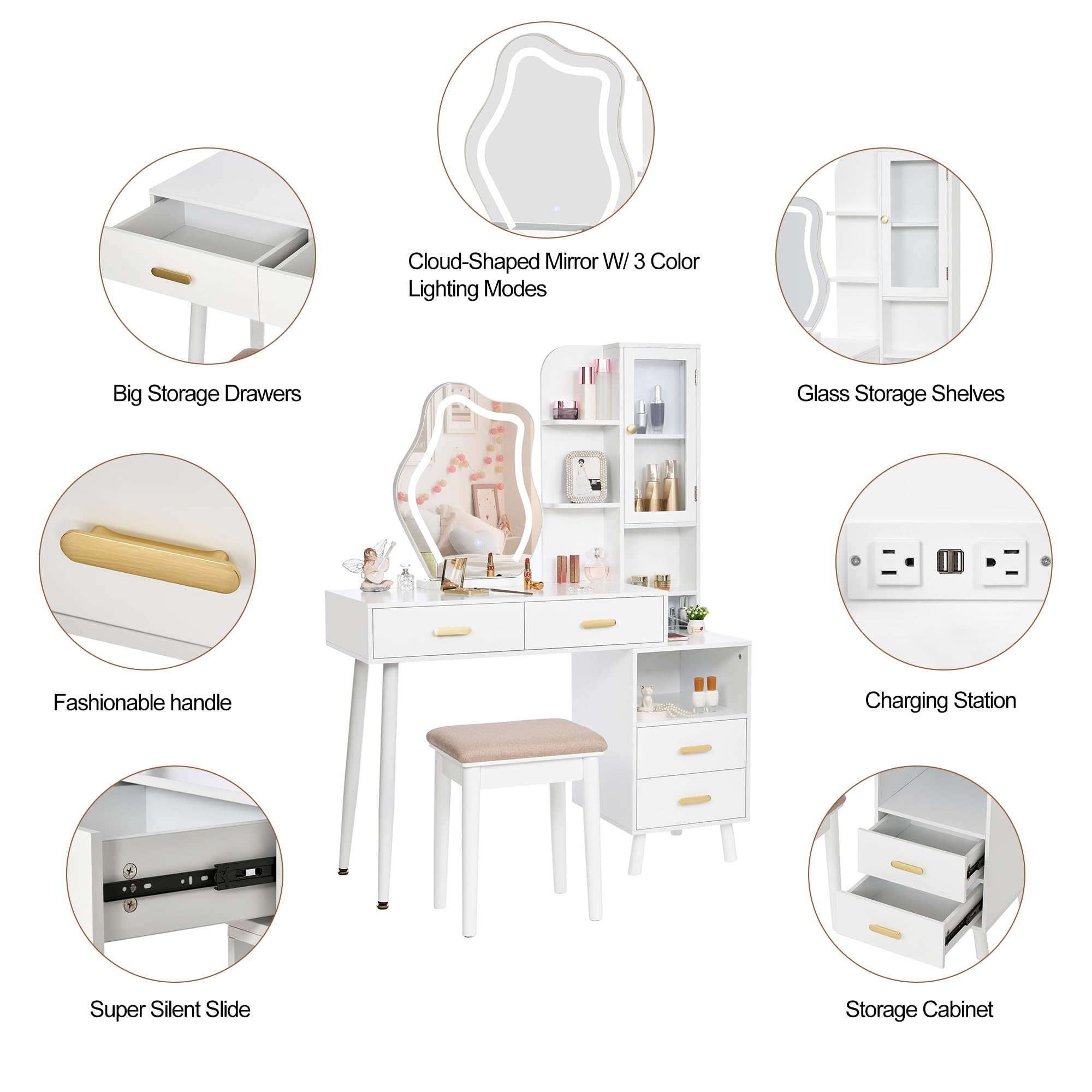 ANWBROAD White Vanity with Lighted Mirror Vanity Desk with Mirror and Lights Girls Vanity with Power Outlet Stool Drawers Shelves Charging Station 3 LED Lighting Modes Bedroom Makeup Table UBDT55W