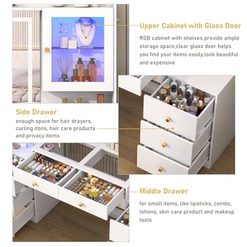 62" Large White Vanity Desk w/ Tempered Glass Top,60000-color LED Lights,Power Outlet, Make up Vanity w/ 3 Lights Mode LED Mirror,9 Drawers,2 RGB Cabinet LED Vanity Table for Women,Girls