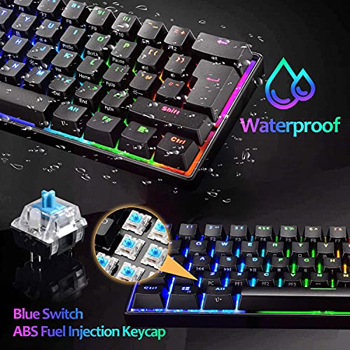 60% Mechanical Gaming Keyboard Mini Portable with RGB Backlit Full Anti-Ghosting 61 Key Ergonomic Metal Plate Wired Type-C USB Waterproof for Typist Laptop PC Mac Gamer(Black Keycap/Blue Switch)