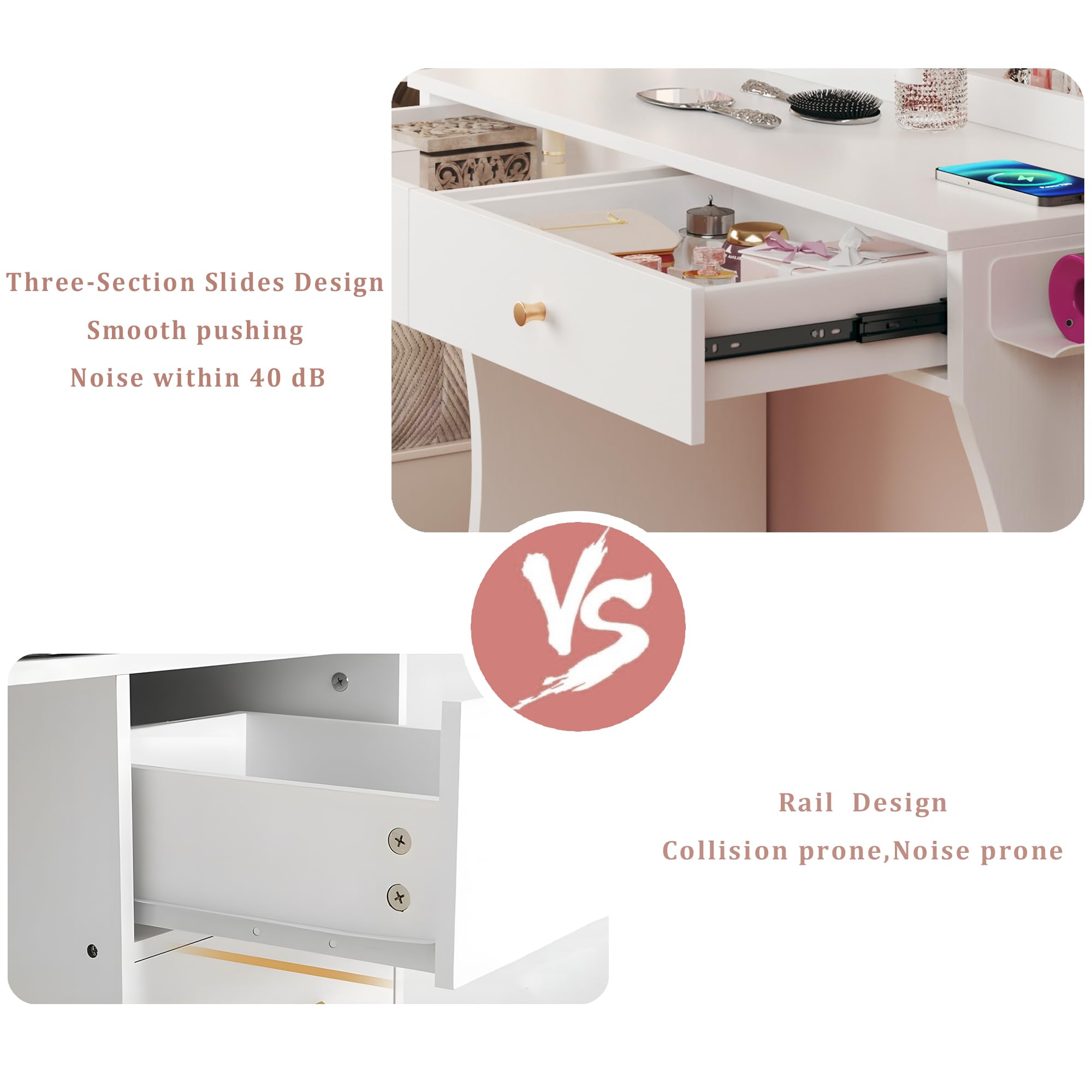 ALEXNUTRE Makeup Vanity Desk with Mirror and Lights, Vanity with Power Outlet, 3 Lighting Color Adjustable for Bedroom, Large Drawers and Storage Shelves, White
