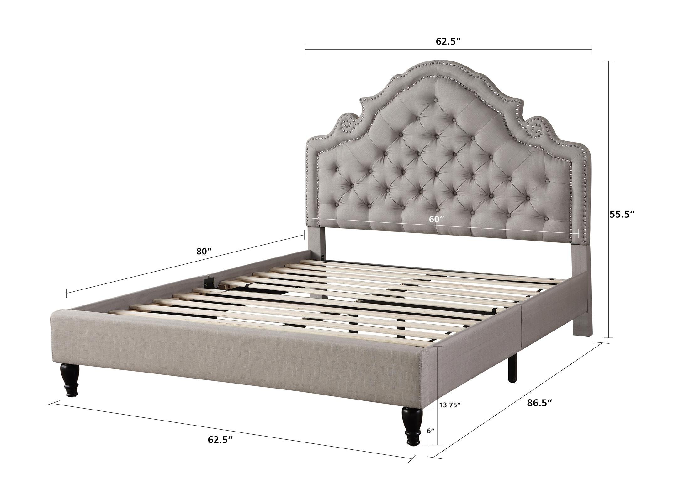 HomeLife Premiere Classics 51" Tall Platform Bed with Cloth Headboard and Slats - Queen (Light Grey Silver)
