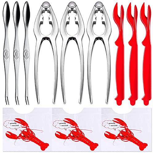 YGAOHF Crab Crackers and Tools, 12 Pcs Professional Seafood Tools Set includes 3 Crab Crackers, 3 Lobster Shellers, 3 Crab Leg Forks/Picks, 3 Disposable Lobster Bibs and Storage Bag, Dishwasher Safe