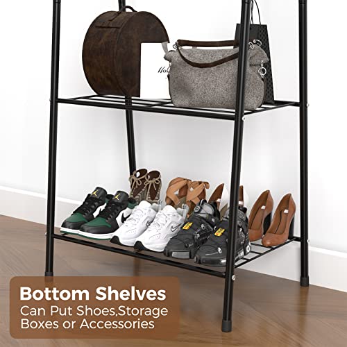 JEROAL Clothing Garment Rack, Coat Organizer Storage Shelving Unit, Entryway Storage Shelf with 2-Tier Metal Shelf, Black