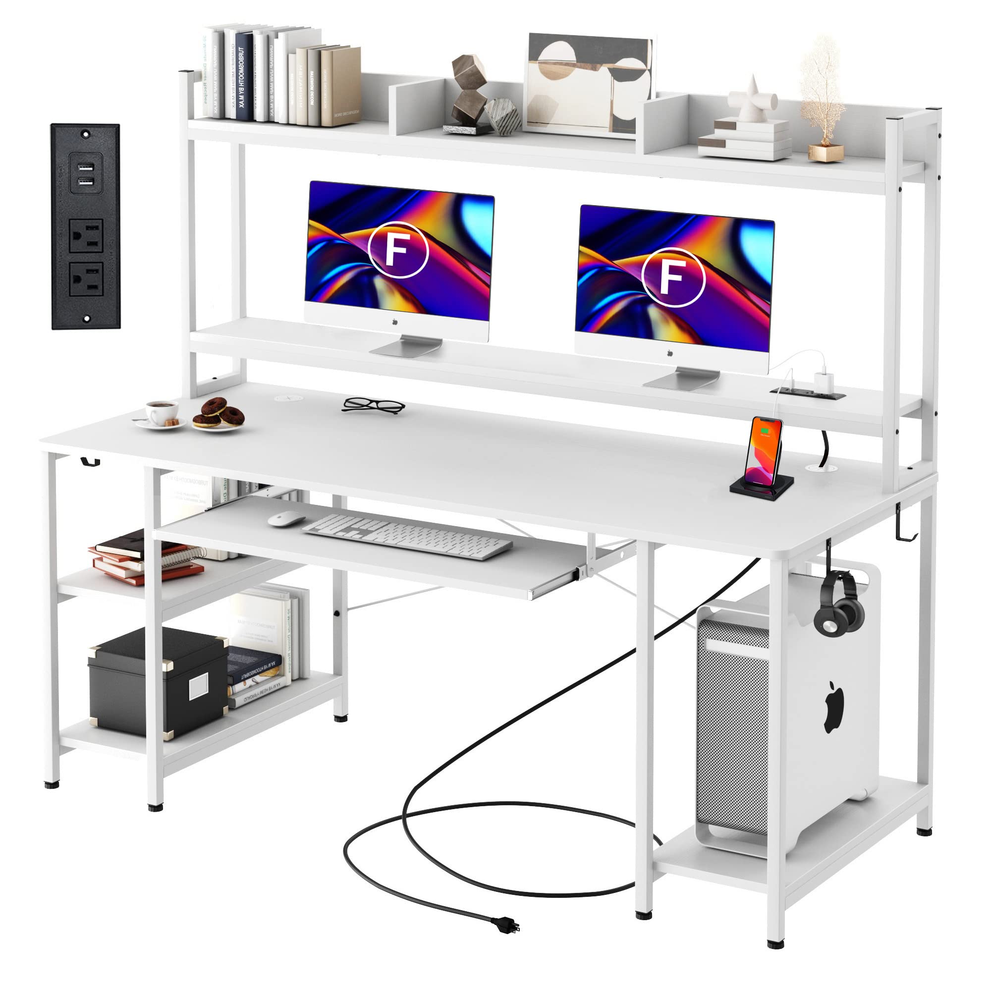 55 IN White Desk with Power Outlet & USB Ports, Reversible Computer Desk with Keyboard Tray Hutch Storage Shelves Monitor Stand, Gaming Desk Home Office Desk Study Writing Workstation, Easy Assembly