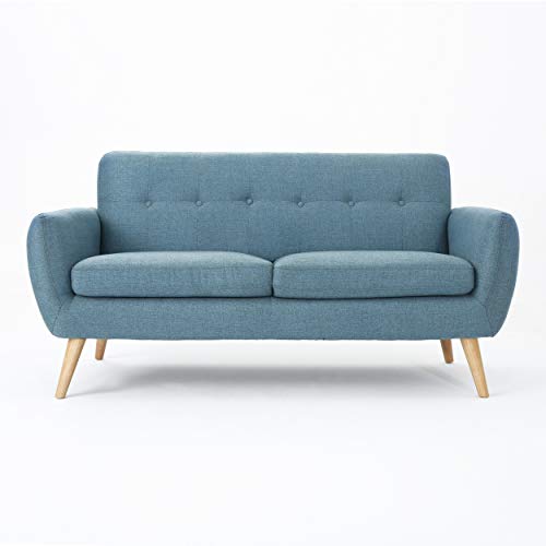 Christopher Knight Home Josephine Mid-Century Modern Petite Fabric Sofa, Blue/Natural & Ippolito Fabric Pillows, 2-Pcs Set, White and Blue Floral