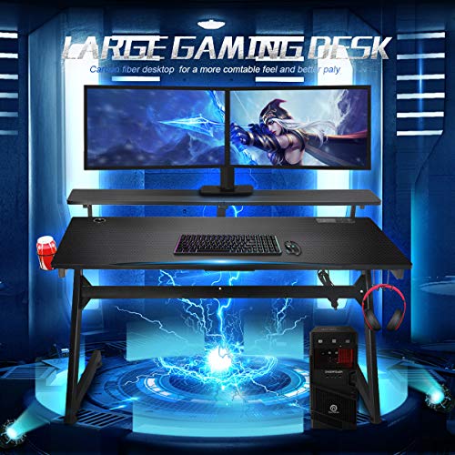 YIGOBUY Large Gaming Desk 55 Inch Computer Gaming Desk E-Sports Racing Table with with Cup Holder, Headphone Hook for Home Office, Black