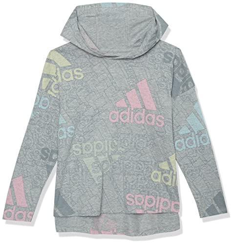 adidas Girls' Long Sleeve Hooded Graphic Tee, Grey Heather with Multicolor, 6
