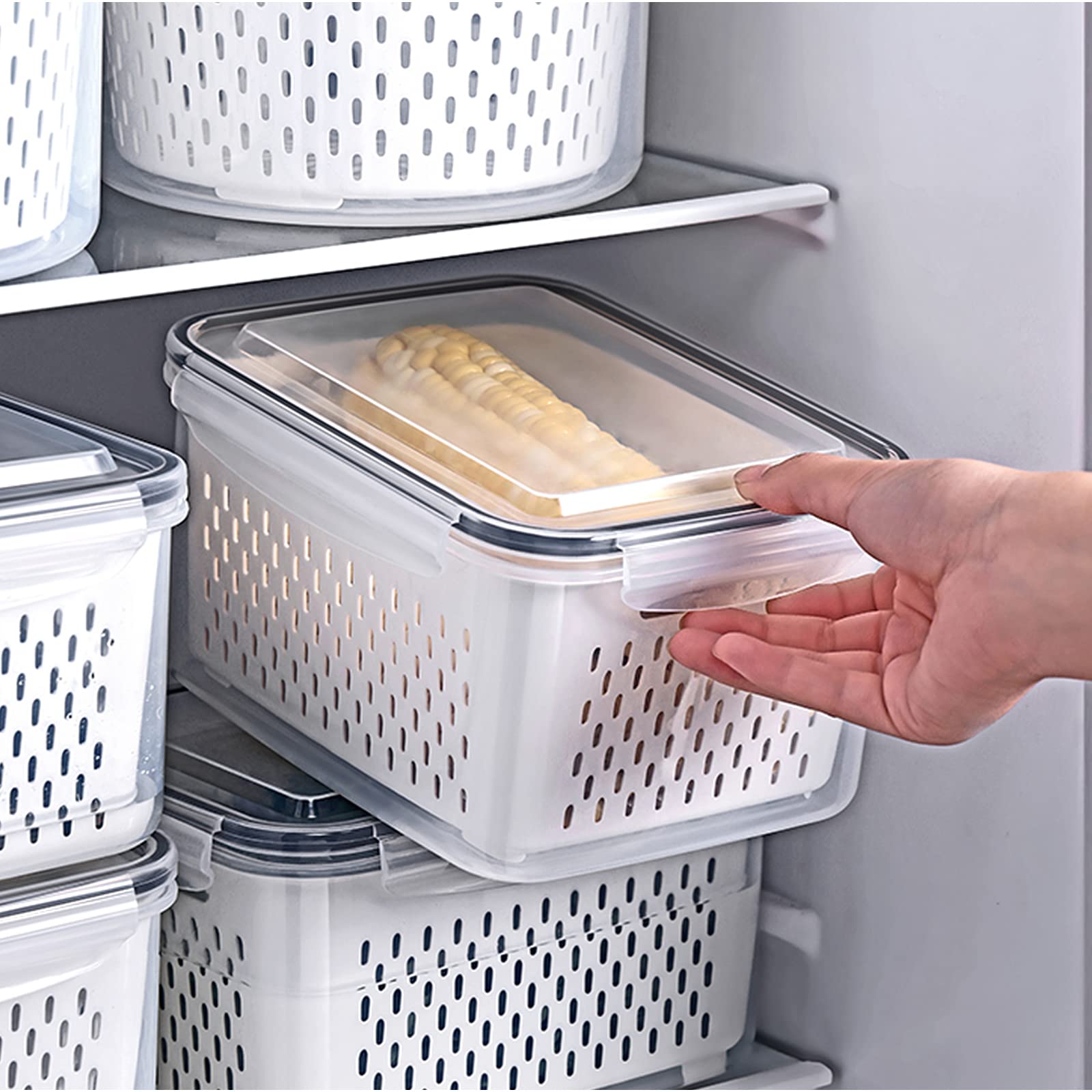 4 Pack Large Fridge Food Storage Container Set with Lids with Strainer, Fruit Vegetable Storage Containers Keep Fruits, Vegetables, Berry, Meat Fresh longer , BPA-Free Plastic Produce Keepers