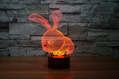 FXUSLGT Animal 3D Rabbit Night Light 16 Color Change LED Remote Control Table Desk Lamp Acrylic Flat ABS Base USB Charger Home Decoration Toy Birthday Xmas Kid Children Gift