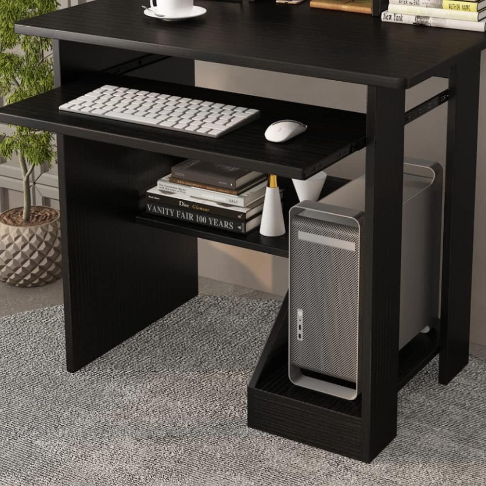 LERIJN 30Inch Small Computer Desk for Small Spaces, Computer Desk with Shelves and Keyboard Tray, Standing Compact Desk with Storage, Home Office Study Computer Desk with Monitor Stand, Black