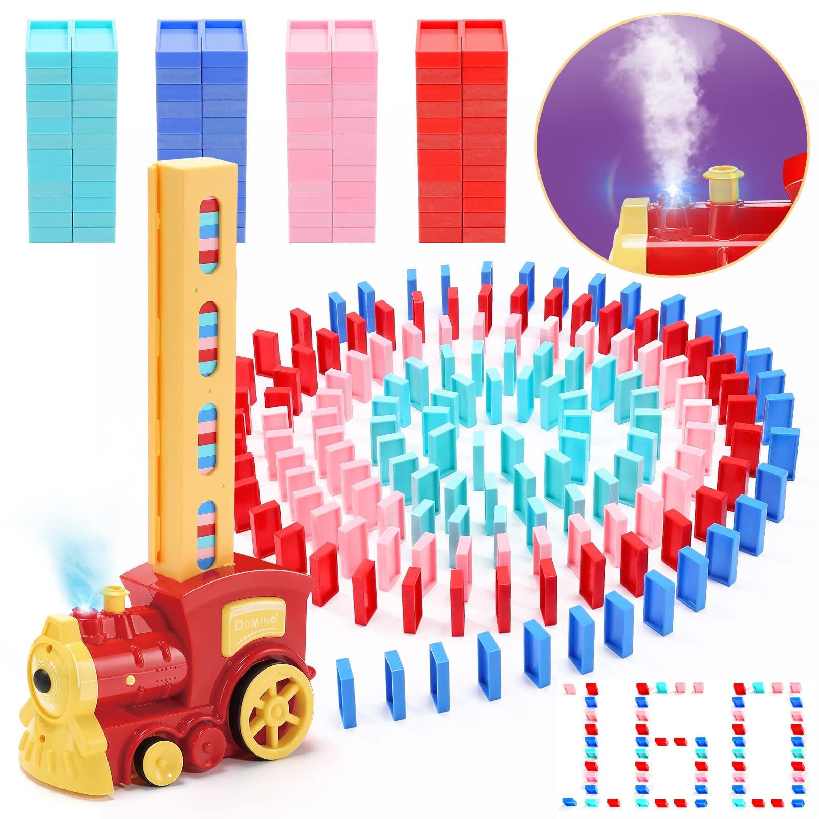 Skirfy Birthday Gift Kids Toys Dominoes Train Set- 160PCS Domino Blocks Set Automatically Run with Real Steam Function, with Lights and Sound,Creative Toys for Kids Aged 4-8 with Storage Bag