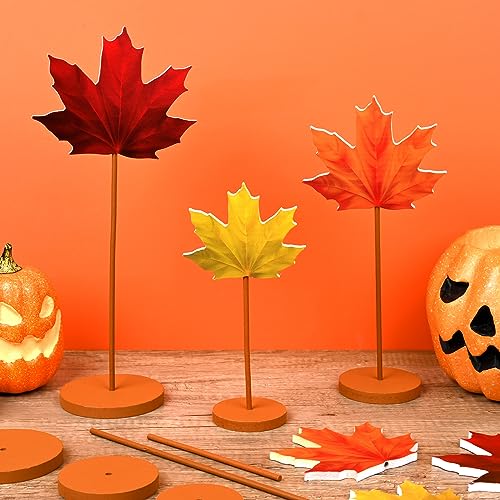 6 Pcs Fall Standing Decor for Tabletop Maple Leaves Wooden Table Sign Thanksgiving Centerpiece Rustic Block Set Wood Tiered Tray Decoration for Farmhouse Home Kitchen