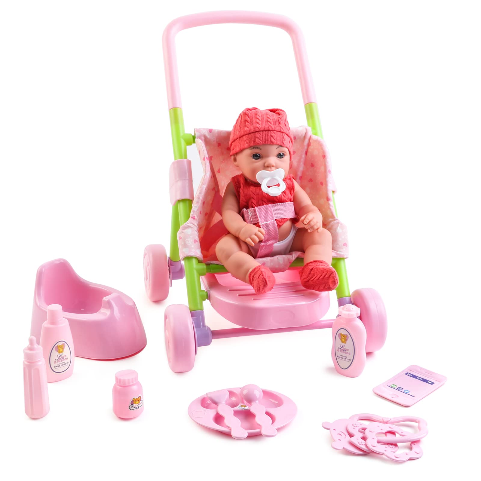 deAO Baby Doll Stroller Set Doll Playset with Smooth Rolling 11Pcs Baby Doll Feeding Accessories -12 Inch Baby Doll Set,Great Nurturing Pretend Toy for 3+ Girls…